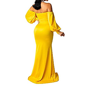 Uni Clau Women's Sexy Off Shoulder Maxi Dress V Neck Lantern Long Sleeve Split Gown Cocktail Mermaid Formal Dresses Yellow 2XL
