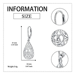 VONALA Filigree Teardrop Earrings for Women Sterling Silver Filigree Teardrop Dangle Earrings Filigree Leverback Earrings for Women Birthday Gift