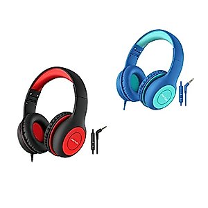 EarFun Kids Headphones Wired with Microphone, 85/94dB Volume Limit Headphones for Kids, Portable Wired Headphones with Shareport, Black Red & Blue Green
