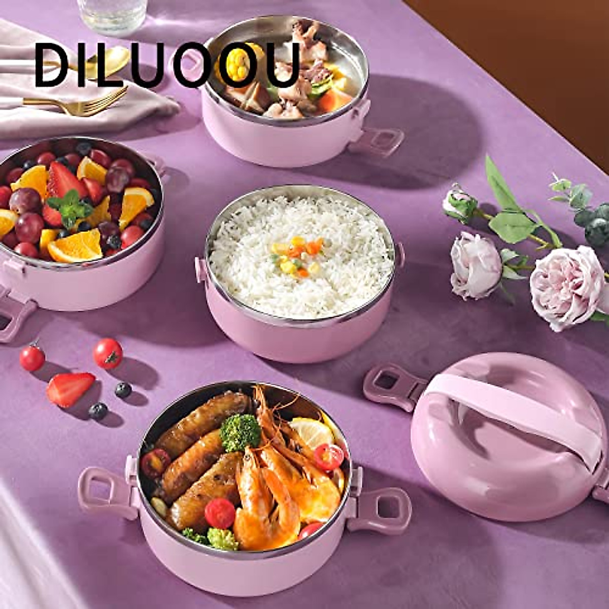 DILUOOU Stackable Lunch Box, 3 Tier Stainless Steel Thermal Lunch Box,Bento Lunch Box for Adult With Lunch Bag & Utensils (Pink)