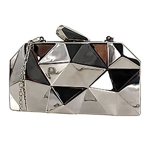 Van Caro Womens Metal Clutch Geometric Evening Handbag Diamond Chain Purse, Silver