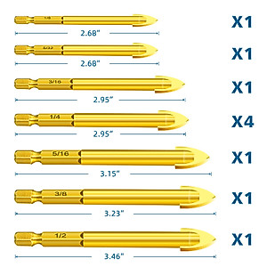 Masonry Drill Bits Set for Tile Glass Ceramic Brick Wood, 10 pcs Diameter 1/8 to 1/2 Inch Drilling Bits with 1/4 Hex Shank, Gold,