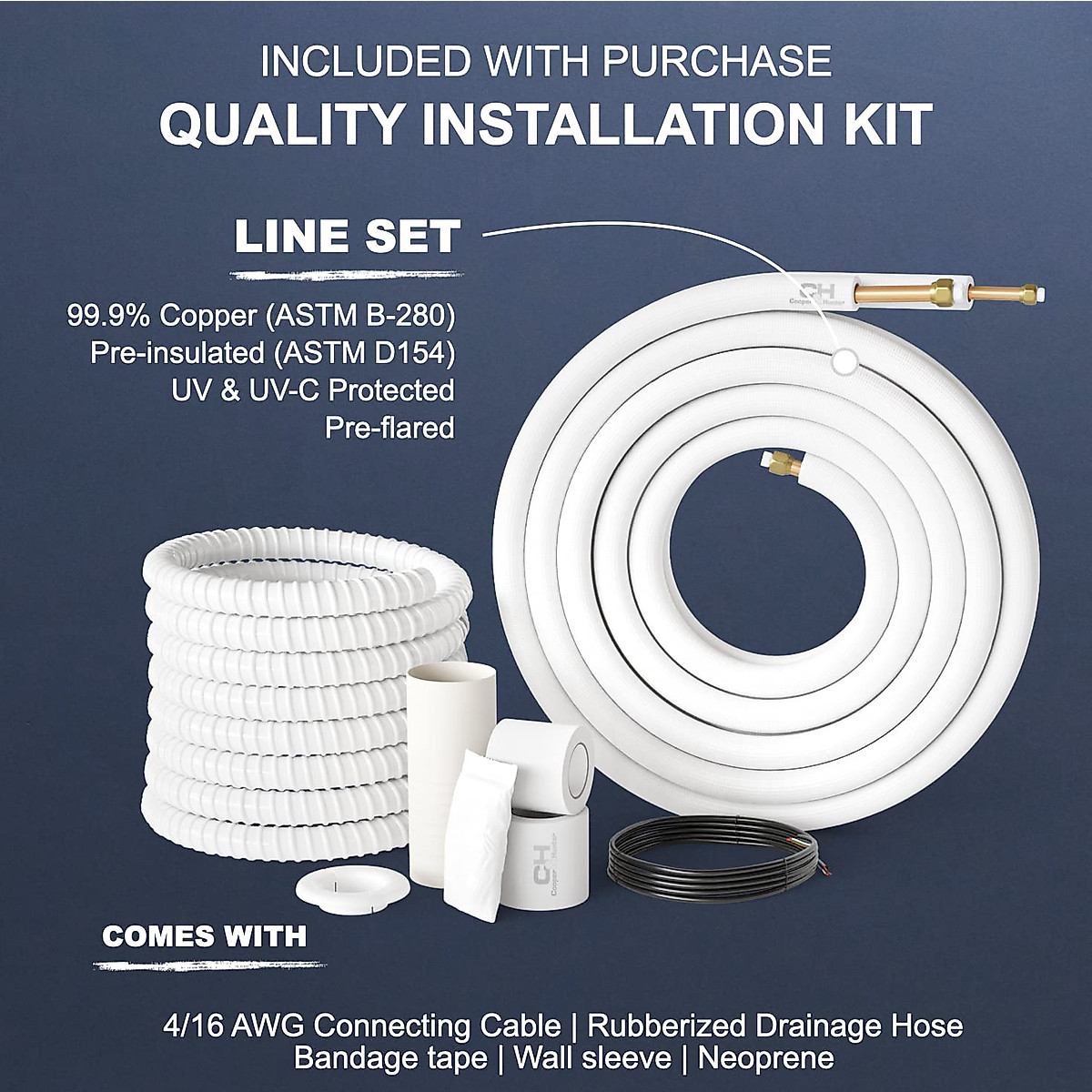 Cooper & Hunter Hyper Heat 9,000 BTU, 25 SEER Ductless Mini-Split Air Conditioners -22F Heat Pump with 16FT Copper Line Set and Communication Wires