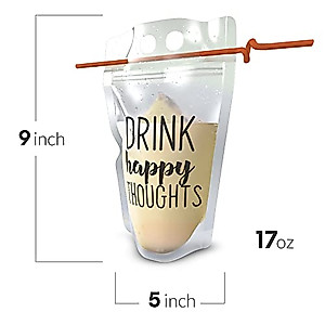 UTILE 50PCS Drink Pouches for Adults with Individually Wrapped Colorful Straws, Reclosable Zipper Smoothie Drink Bags with Multiple Texts – Heavy Duty Hand Held Translucent with Funnel Included