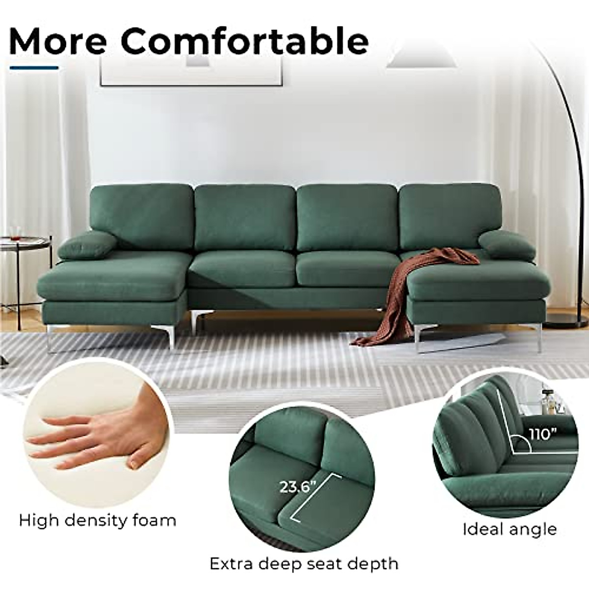 VINGLI U Shaped Sectional Sofa,114" Large Sectional Sofa Couch for Living Room,Linen Sectional Sofa with Double Lounge Chaise,Hunter Green