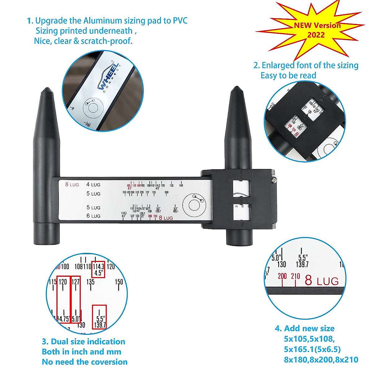 WHEEL CONNECT PCD Gauge，Wheel/Rim Bolt Pattern Measuring Tool, PCD Ruler, Sliding Caliper for 4 5 6 8 Holes