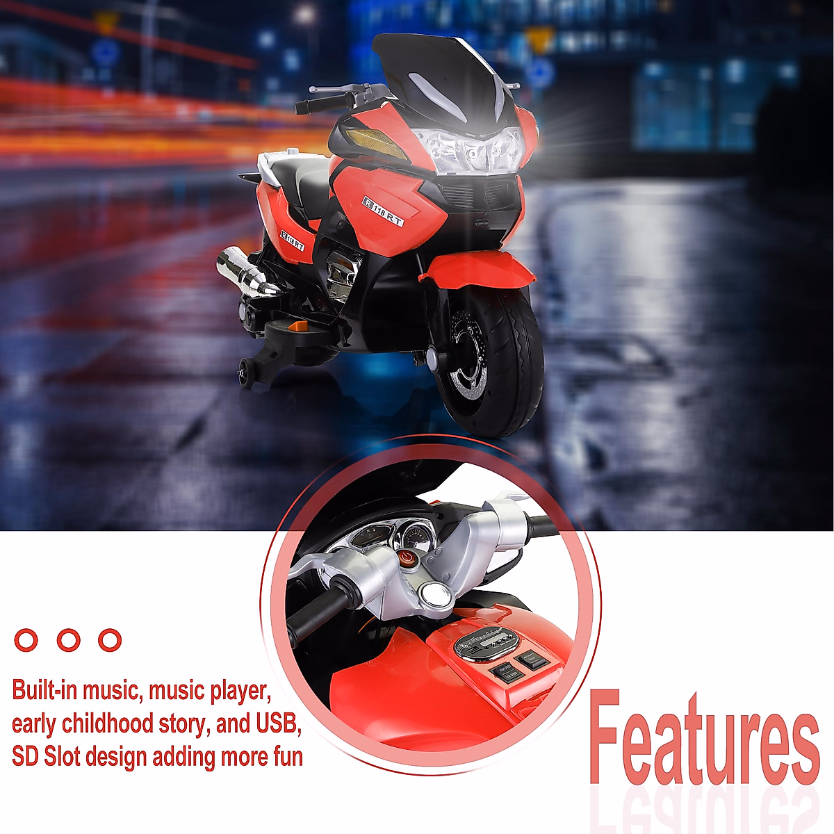 TOBBI 12V Kids Ride On Electric Motorcycle, Toddler Dirt Bike Training Wheels, Battery Powered Motorbike for Kids with LED Lights/Music/USB/Pedal, Ideal Gift for Children Boys Girls-Red