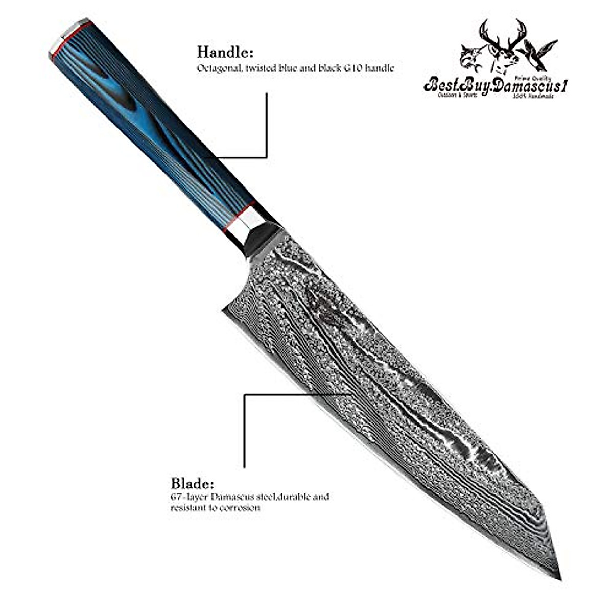 Knife Block Set 9 Pcs Japanese Aus-10 Damascus Steel Chef Knives Set High Carbon Core Stainless Steel Full Tang Chef Knife Set Blue G10 Home Kitchen Professional Knife Block Sets (Blue Round Handel)