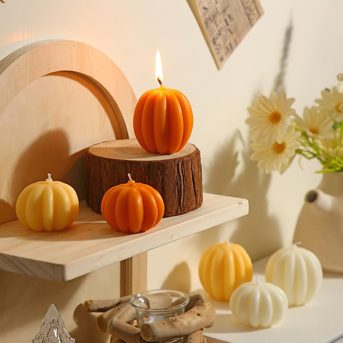 MTLEE 6 Pieces Fall Pumpkin Shaped Candles Thanksgiving Scented Candles Pumpkin Tealight Candles Home Decor Pumpkin Candle Handmade Wax Candle for Bedroom Bathroom Party (Orange, White, Pumpkin)
