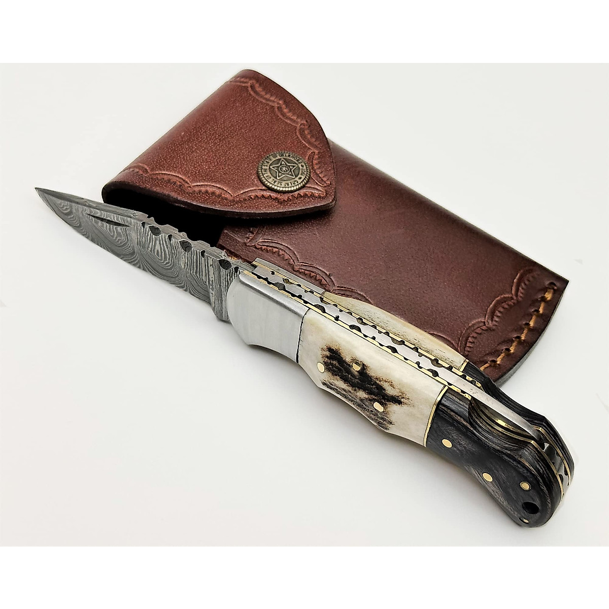 WINTERFELL Damascus Steel Folding Pocket Knife for Men with Leather Sheath, 100% Handmade Gifts for Husband, Dad, Boyfriend, Damascus Steel Groomsman Gift Knives