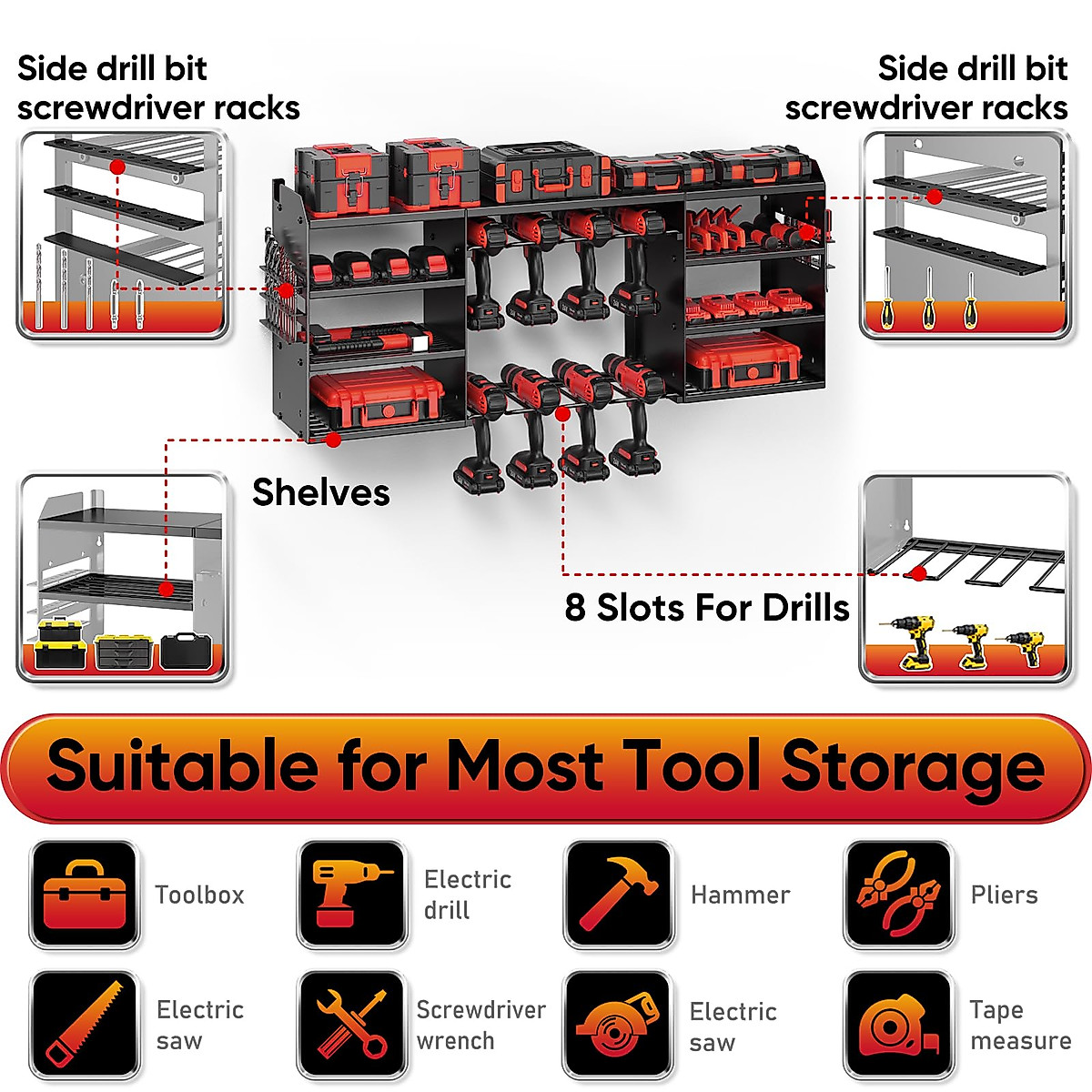 POKIPO Upgrade Large Power Tool Organizer Wall Mount,Cordless Tool Storage Rack with 8 Drill Holder,4 Layer Heavy Duty Metal Loads 400lbs Power Tools Battery Utility Shelve for Garage and Workbench