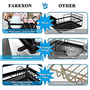 farexon Dish Drying Rack, Large Dish Rack with Drainboard for Kitchen Counter, Sturdy Stainless Dish Drainer with Adjustable Swivel Spout, Removable Wine Glass Holder & Utensil Holder, Black