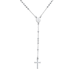 Bling Jewelry Religious Christian Dainty 2MM Round Ball Beaded Link Holy Mother Virgin Mary Delicate Simple Cross Prayer Rosary Rosario Chain for Women Teen Silver Tone Stainless Steel