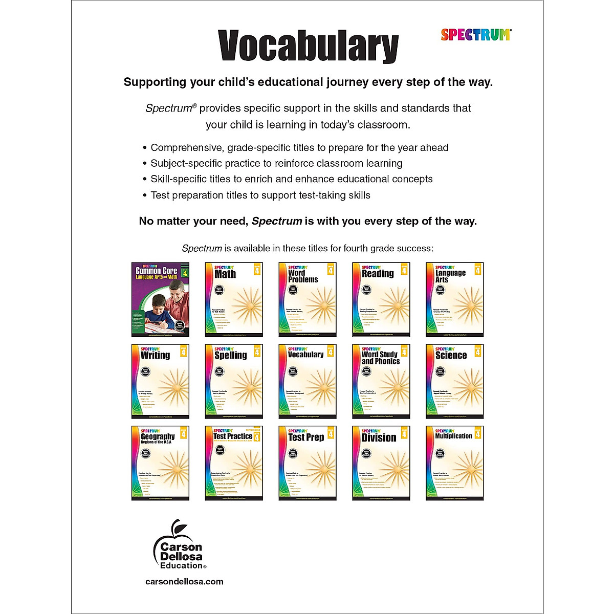 Spectrum Grade 4 Vocabulary Workbook, 4th Grade Vocabulary Covering Word Relationships, Sensory Language, Roots and Affixes, and Reading Comprehension Context Clues, Classroom or Homeschool Curriculum