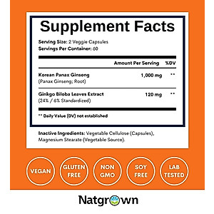 Natgrown Panax Ginseng & Ginkgo Biloba Supplement - Red Korean Ginseng & Ginko Biloba Capsules for Men & Women - Supports Memory Focus & Brain Function - Vegan Pills - 120 Count