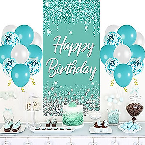 Teal Silver Birthday Door Banner Decorations, Breakfast Blue Birthday Theme Sign Decor for Girl Women, Sweet 16 18th 21st 30th 40th 50th 60th Birthday Party Supplies