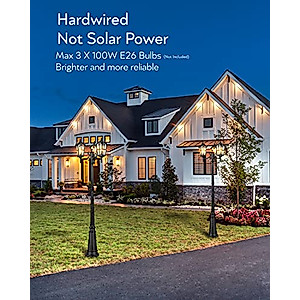 VIANIS 3-Head Outdoor Lamp Post Light Fixture, Black Outdoor Light Dusk Dawn Sensor for Lamp Post, Waterproof Anti-Rust Aluminum Housing with Tempered Glass, Street Light for Garden, Patio, Driveway