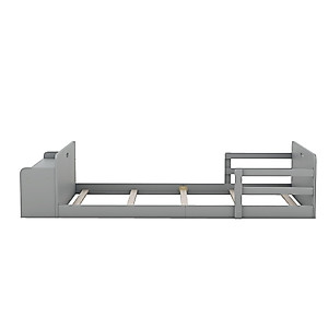 Twin Size Floor Bed with Rails and Storage Bench, Wood Kids Platform Bed Frame with Headboard and Footboard, No Box Spring Needed, Gray