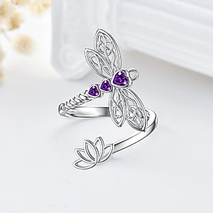 RMREWY Dragonfly Birthstone Ring 925 Sterling Silver Lotus Adjustable Ring Celtic Dragonfly Jewelry Birthday Gifts for Women Dragonfly Lovers