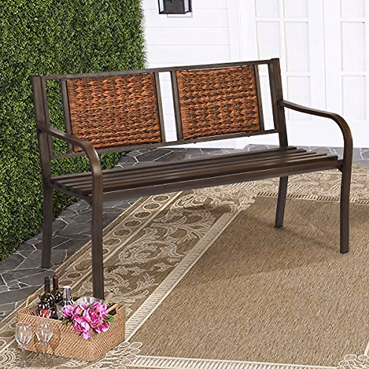 Tangkula Patio Garden Bench with Wicker Backrest, Outdoor Park Bench Chair with Powder Coated Steel Frame, Bench Loveseat for Outdoor Garden, Backyard, Lawn, Porch, Path, Deck