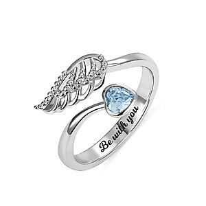 Getname Necklace Angel Wing Ring in Sterling Silver 925 with Cubic Zirconia, Custom Engraved Birthstone, Anniversary Ring for Women