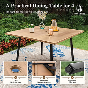 HERA'S HOUSE Patio Dining Table, 4 Person 47" x 47" Square E-Coating and Powder Coating Steel Frame Outdoor Dining Table with 1.57" Umbrella Hole for Garden, Lawn and Backyard