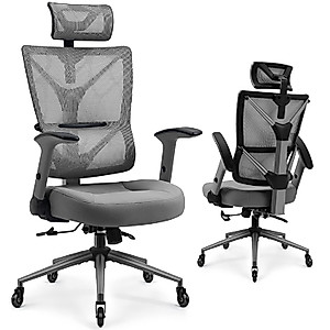 Ergonomic Mesh Office Chair - High Back Home Office Desk Chairs with Adjustable Headrest, 2D Flip-up Arms, Lumbar Support, Tilt Function and Rubber Wheels - Ergonomic Design for Back Pain,Gray