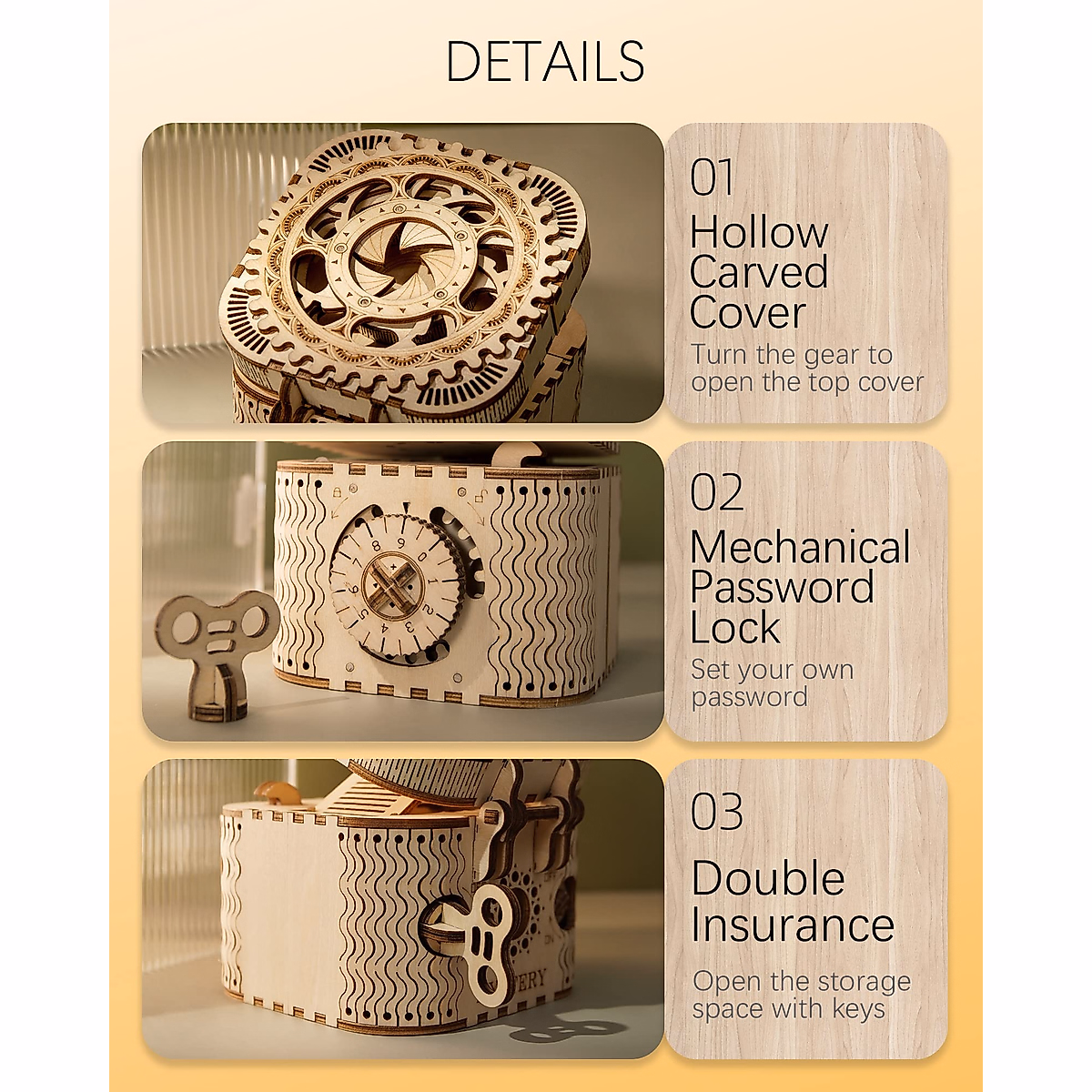 ROKR 3D Assembly Wooden Puzzle DIY Crafts Kit Fun Creative DIY Toy Treasure Box Brain Teaser Mechanical Engineering Model Building Kits Educational Toy Birthday Gift for Adults and Kids Age 14+