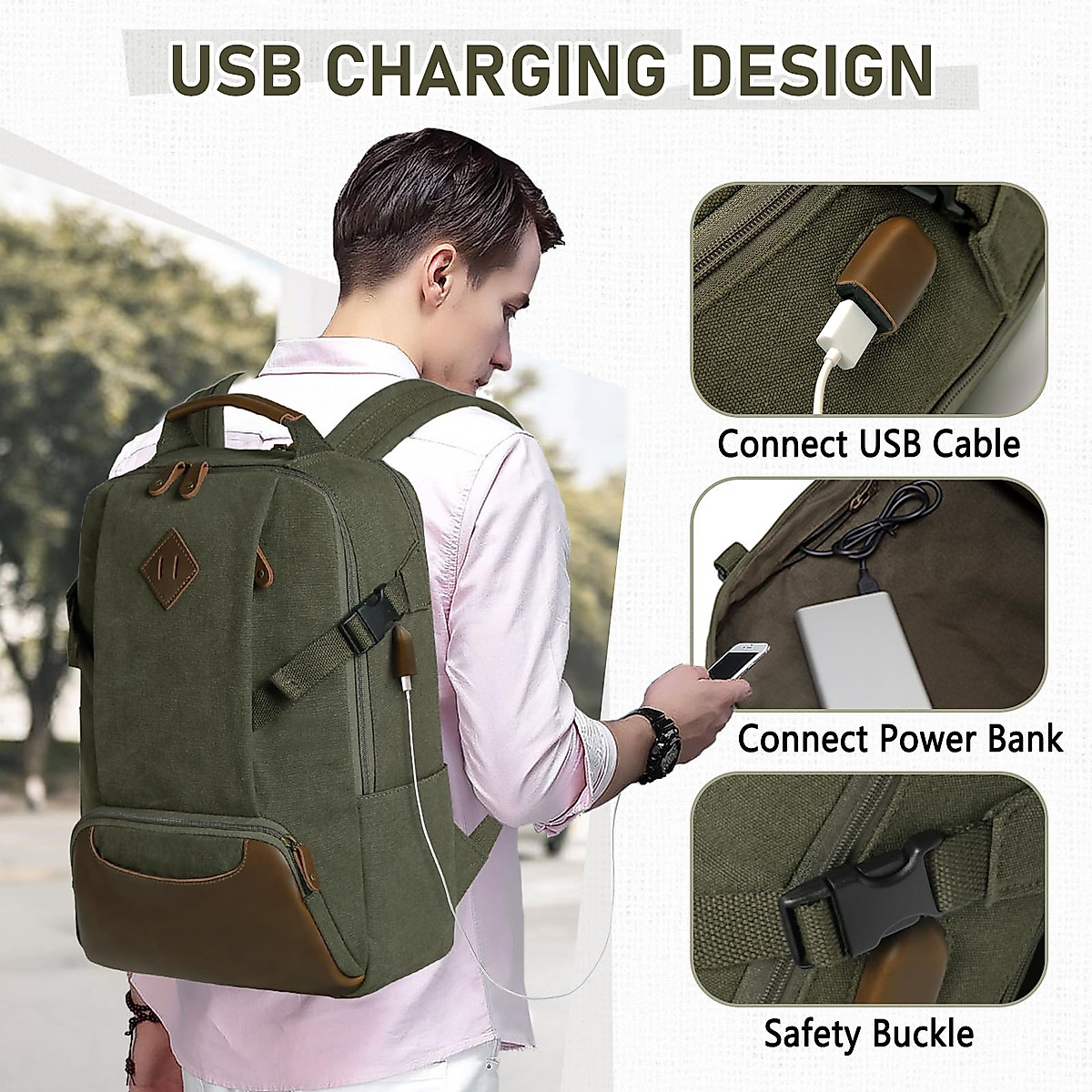 Kasqo Laptop Backpack 15.6 Inch Canvas Waterproof Anti Theft Business Travel College School Computer Bookbag Carry on Bag with USB Charging Port for Women Men, Black