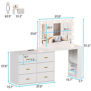 PakaLife Makeup Vanity with Mirror and 3-Color Lights, Vanity Desk Dressing Table with Charging Station,6 Drawers,Side 2 Storage Shelves for Bedroom,White