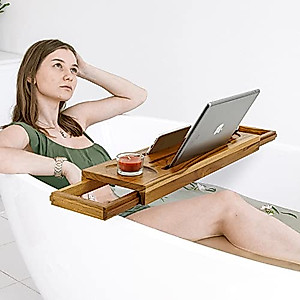 EcoFives Teak Bathtub Tray Caddy - Expandable Bath Tray - Adjustable Organizer Tray for Bathroom - Luxury Bath Caddy Tub Table, Bathtub Accessories & Bathroom Gadgets