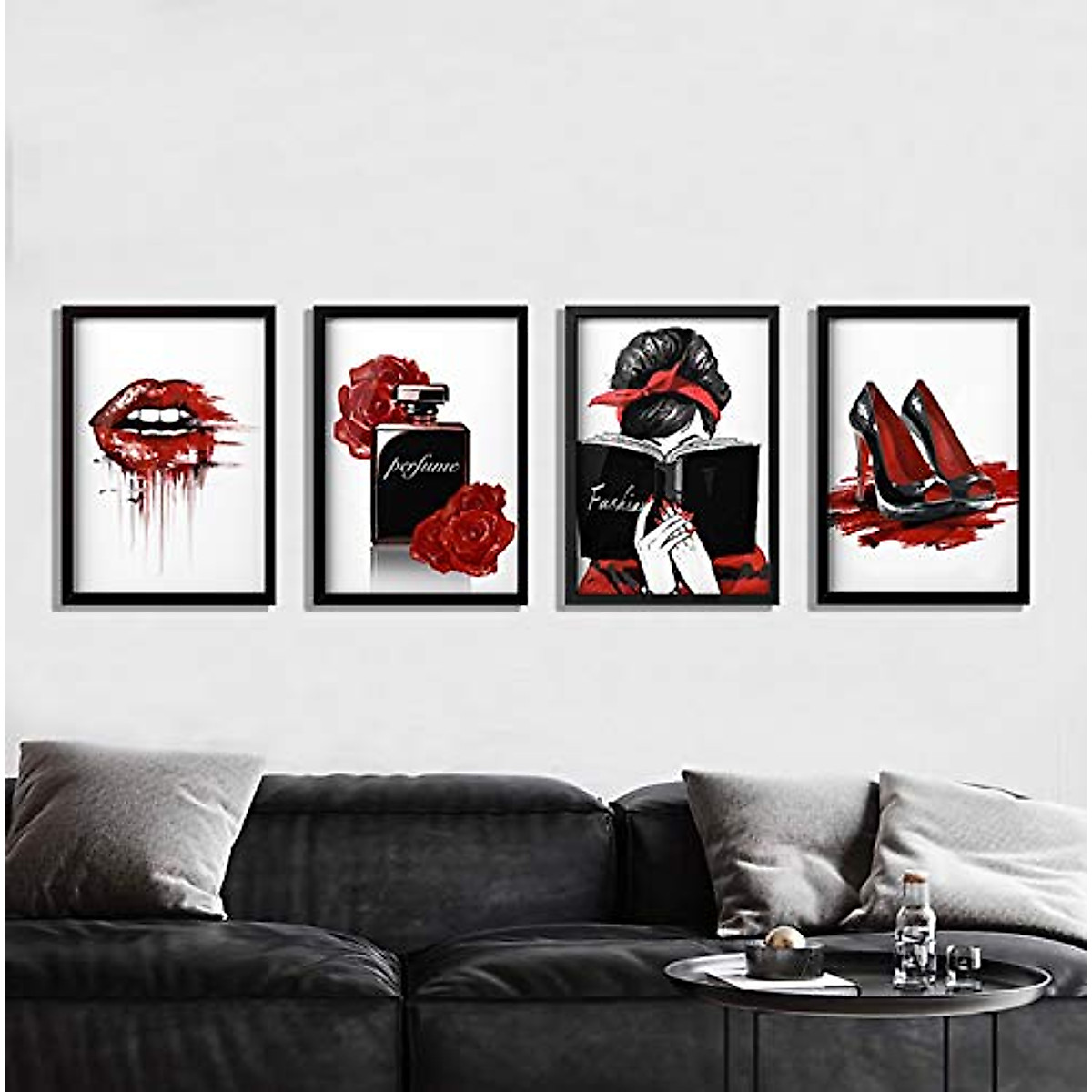 Facioro Fashion Woman Canvas Wall Art, Red Wall Decor for Bedroom Decor, Red and Black Art Posters, Red Lips Red Rose Perfume High Heels and A Fashion Women with Red Hair Ribbons Prints Wall Pictures, Girls Room Decor, Black and Red Fashion Poster