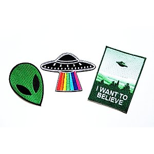 Nipitshop Patches Set of 3 I Want to Believe Cute Pretty Green Alien Fantasy Spacecraft Rainbow Patch for Clothes Backpacks T-Shirt Jeans Skirt Vests Scarf Hat Bag Iron On Appliques Embroidered