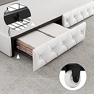 Keyluv Full Upholstered LED Bed Frame with 4 Drawers, Pu Leather Platform Storage Bed with Adjustable Button Tufted Headboard and Solid Wooden Slats Support, No Box Spring Needed, White