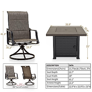 PatioFestival Patio Dining Set 5 Pieces High Back Outdoor Furniture Sets 50,000 BTU Square Propane Fire Pit Table with Outside Padded Swivel Rocker Dining Chairs (Grey)