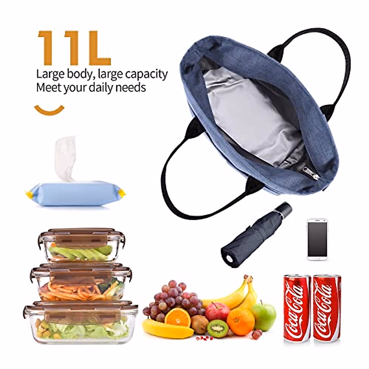 Insulated Lunch Bag Box Tote, 11L Large insulated cooler bag lunch box Reusable Lunch Bag with Adjustable Shoulder Strap for Women&Men Work Picnic(Blue)