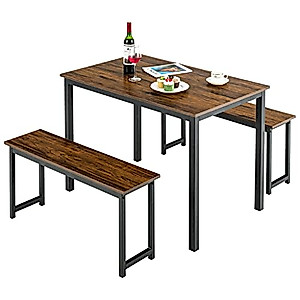 YEBDD 3 Piece Dining Table Bench Set with Wooden Top and Metal Frame Furniture Set