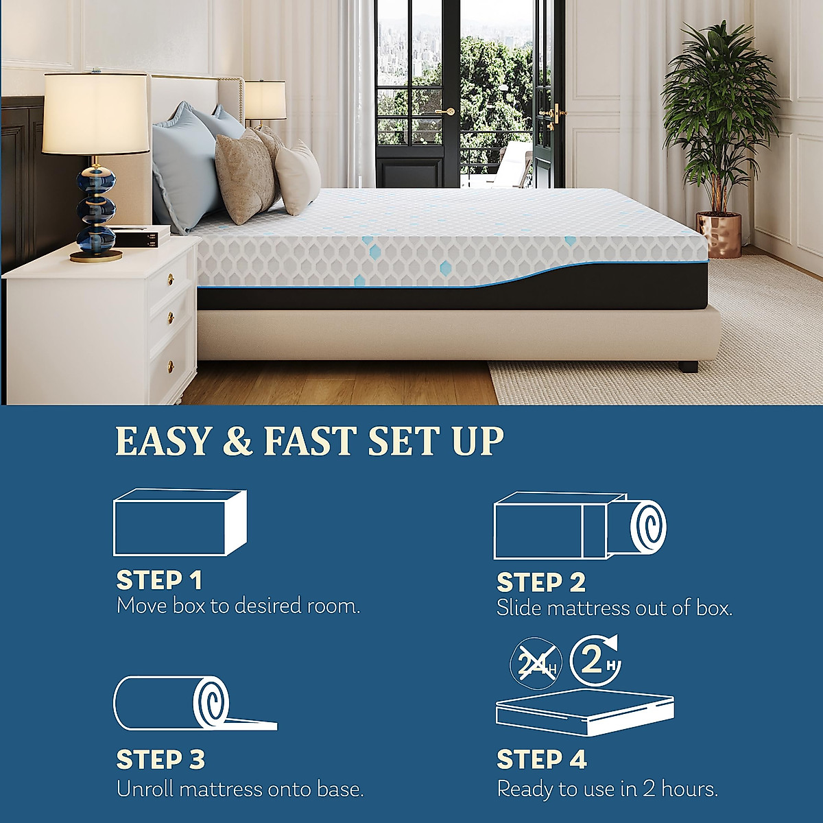 EGOHOME 10 Inch Queen Mattress, Charcoal Gel Cooling Memory Foam Mattress in a Box, Medium Fiberglass Free Mattress, CertiPUR-US Certified, Hexagonal Pattern