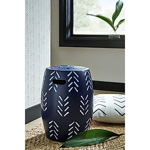 Signature Design by Ashley Genemore Contemporary Geometric Indoor & Outdoor Accent Stool, Blue & White