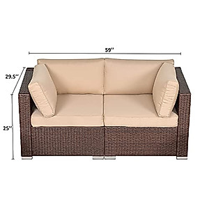 SUNVIVI OUTDOOR Patio Loveseat, 2 Piece Wicker Outdoor Sectional Couch with Removable Beige Cushions, Extra Sofa Furniture