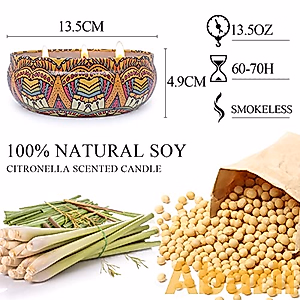 Abarli Citronella Candle Outdoor Large 3 Wick 13.5oz Soy Wax with Cover for Patio Porch, 75 Hour Burn, Blue and White, Citronella Candle