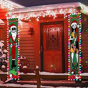 Jack Skellington Sally Christmas Porch Signs with 2 Light Strings Welcome Door Sign for Home Outdoor Indoor Holiday Party Decor