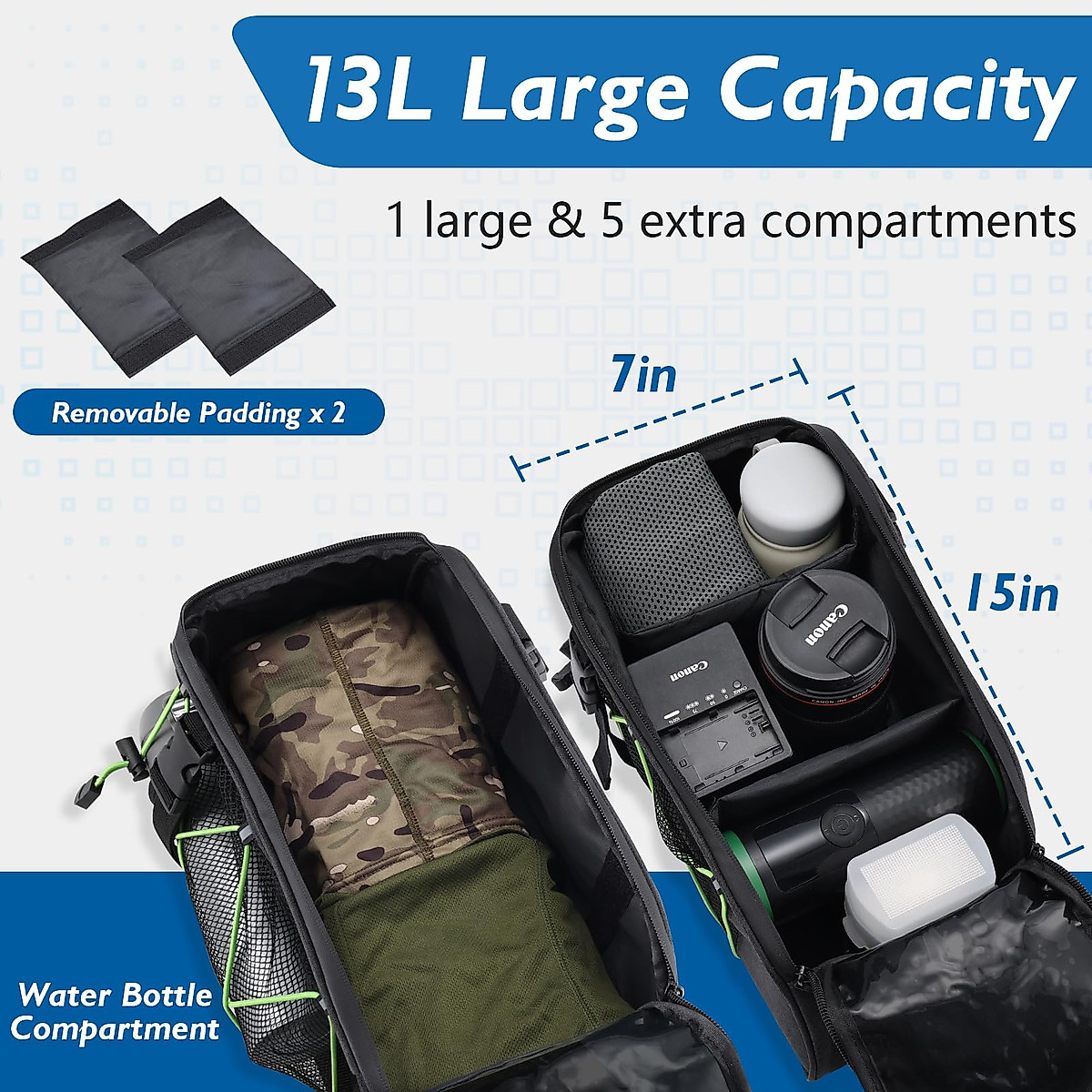 Zacro Bike Bag Rear Rack, 13L Waterproof Bicycle Trunk Reflective Saddle Bag, 3 in 1 Shoulder/Handheld/Electric Ebike Pack Cargo Bag, Cycling Back Seat Luggage Pannier Pouch with Strap&Rain Cover