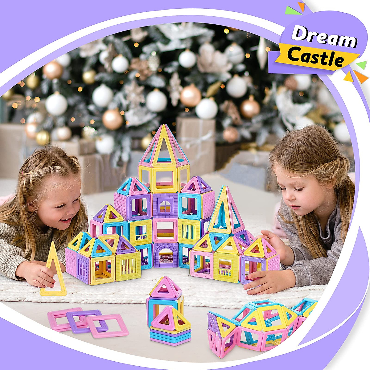 54 PCS Magnetic Blocks, Toddler Toys for 3+ Year Old Girls & Boys, Magnetic Tiles Castle Building Blocks Princess Toys, Birthday Gifts for 3 4 5 6 7 8 Year Old, Learning STEM & Sensory Toys for Kids