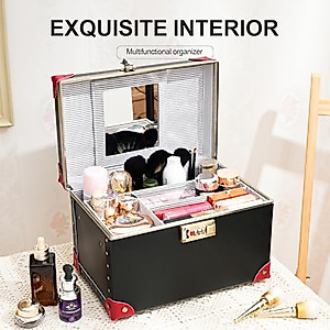 urecity Portable Retro Leather Makeup Train Case Cosmetic Organizer Case Leather Storage Box with Combination Lock (12.5", Black)