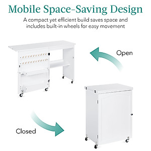 Best Choice Products Folding Sewing Table Multipurpose Craft Station & Side Desk with Compact Design, Wheels, Shelves, Bins, Pegs, Magnetic Doors, Metal Doorknobs - White