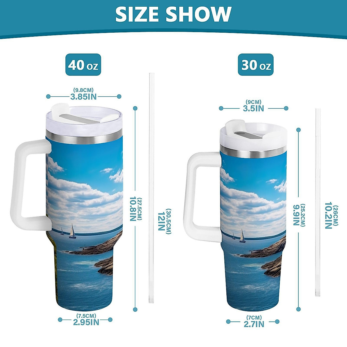 Flradish Lighthouse 30oz Tumbler with Handle and Straw Lid,Leakproof Vacuum Insulated Reusable Stainless Steel Tumbler Travel Mug Fits Cup Holder