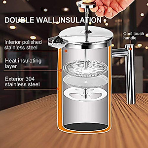 Secura French Press Coffee Maker, 304 Grade Stainless Steel Insulated Coffee Press with 2 Extra Screens, 50oz (1.5 Litre), Silver