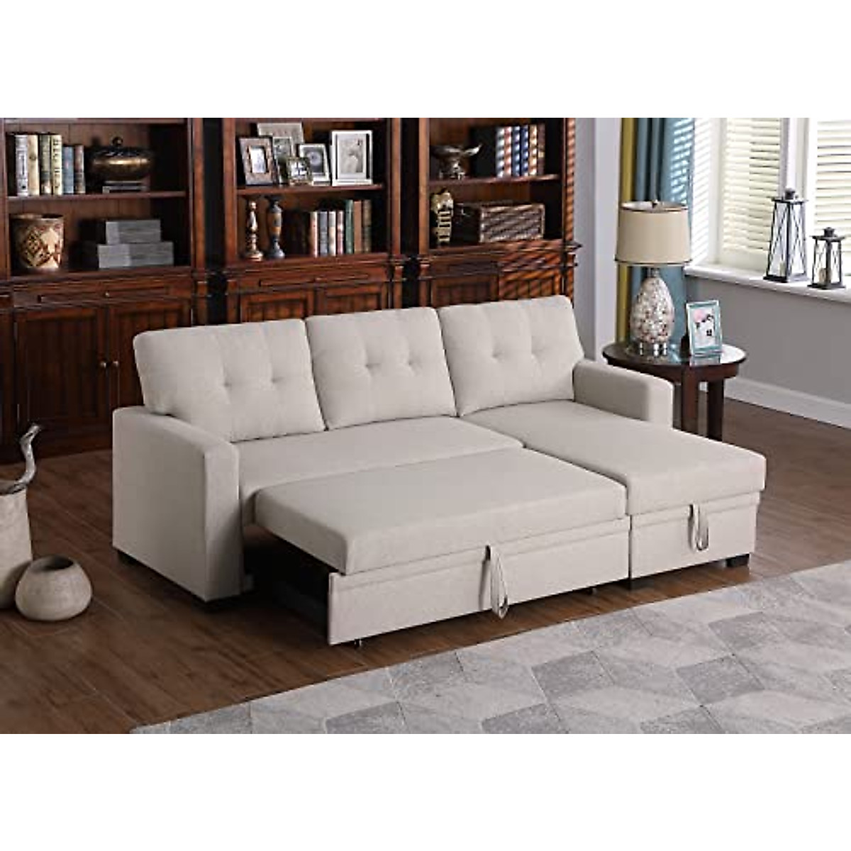 NicBex Sectional Couches for Living Room Modern Upholstered Pull Out Sectional Sofa Pull Out Couch Convertible Soft Cushion Sofa Comfy Couch Pull Out Couch Futon Couch Bed, Beige