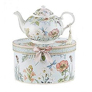 9.5 X 5.6" Porcelain Tea Pot In Gift Box, Dragonfly